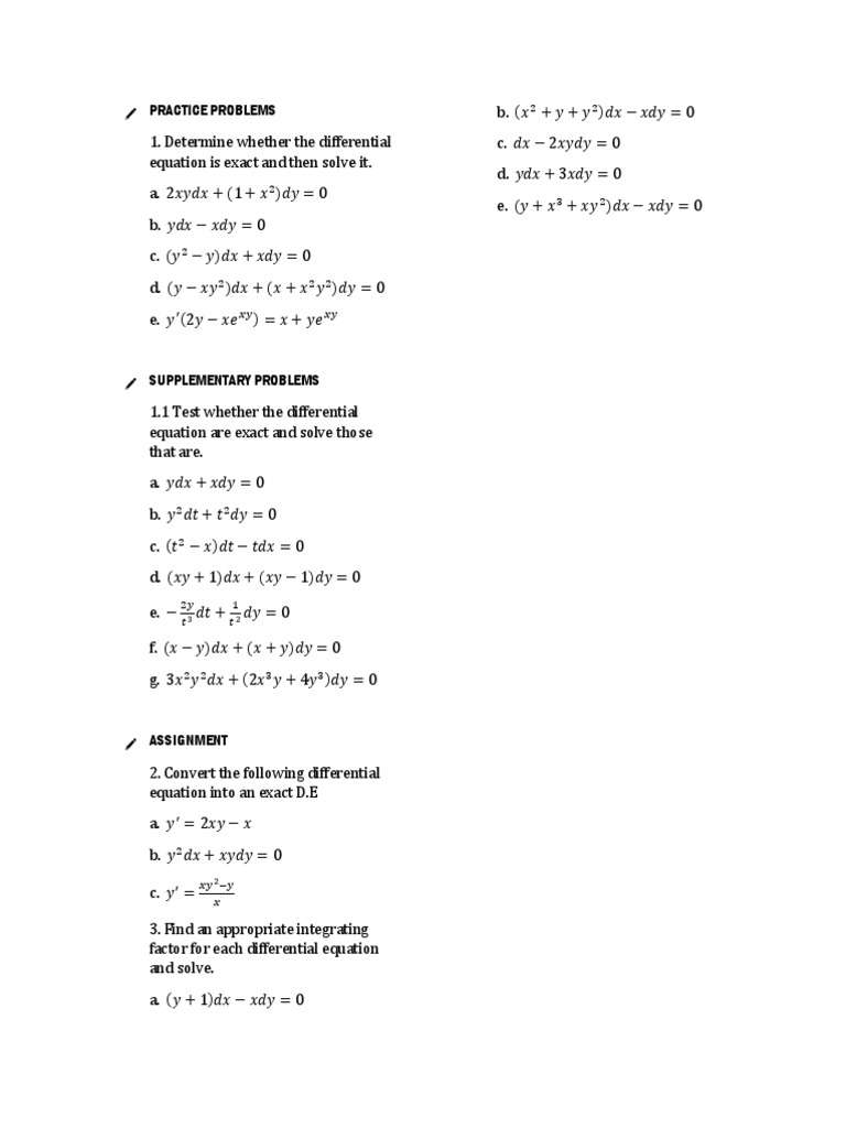 Determining Whether Differential Equations are Exact and Solving Exact ...