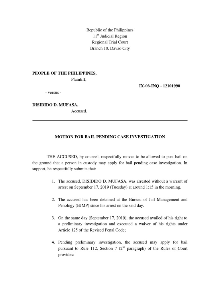Motion For Bail Pending Case Investigation | PDF | Bail | Arrest