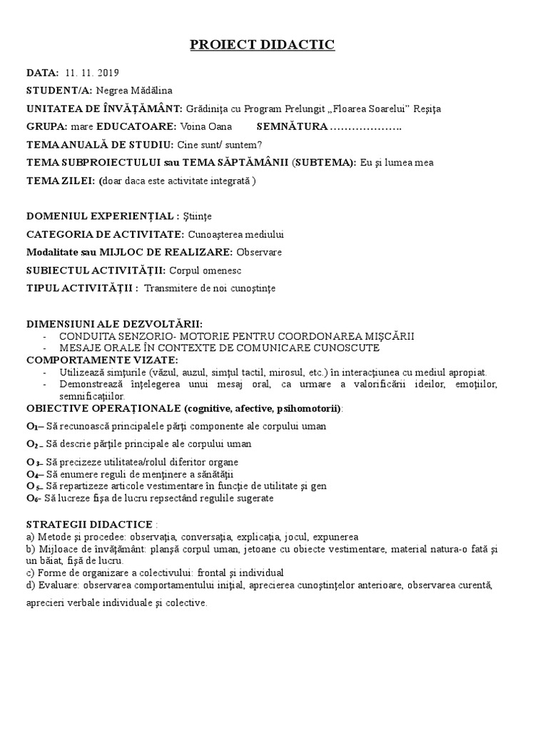 GRADINITA - Proiect Didactic - DS - Observare - Corpul Omenesc | PDF