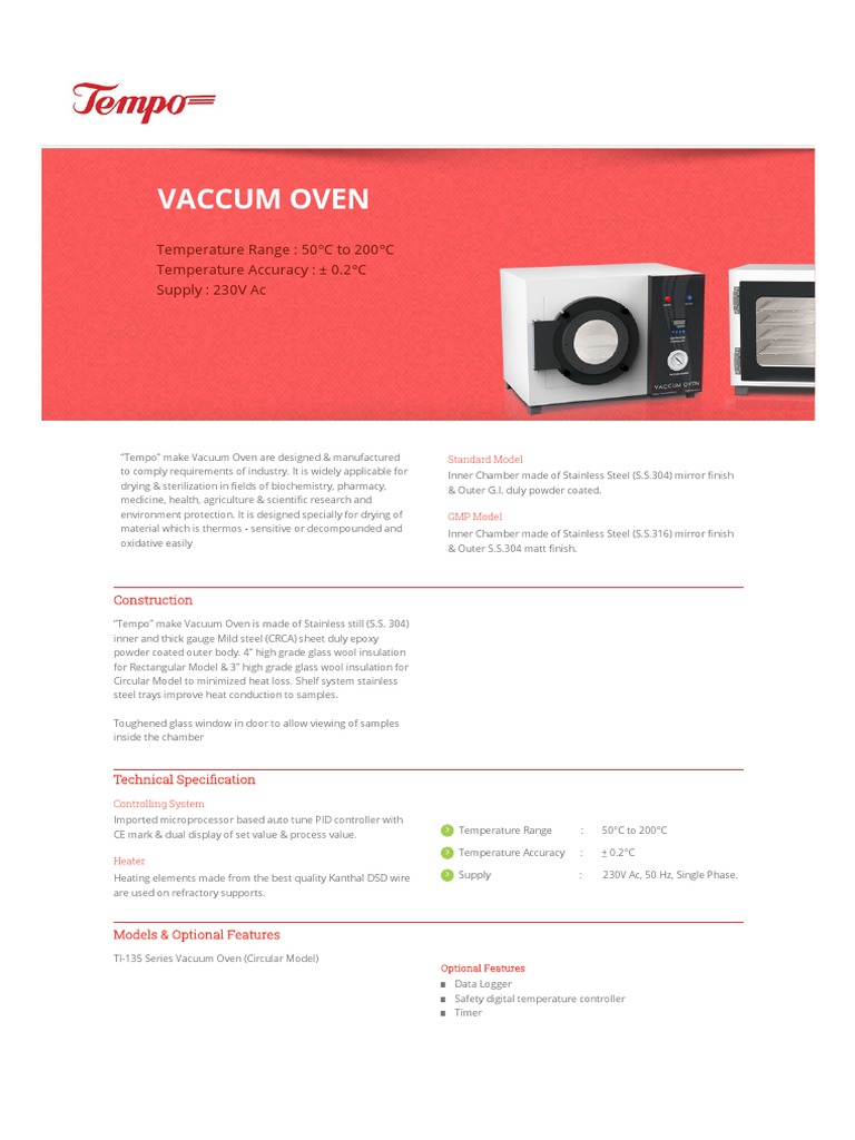 Vacuum Oven - TEMPO Instruments | PDF | Vacuum | Stainless Steel