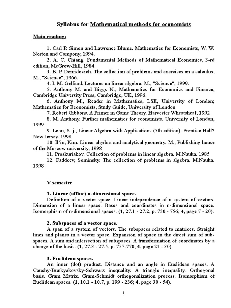 Mathematical Methods for Economists Syllabus | PDF | Eigenvalues And ...