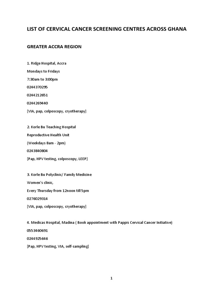 List of Cervical Cancer Screening Centres in Ghana | PDF | Cervical ...