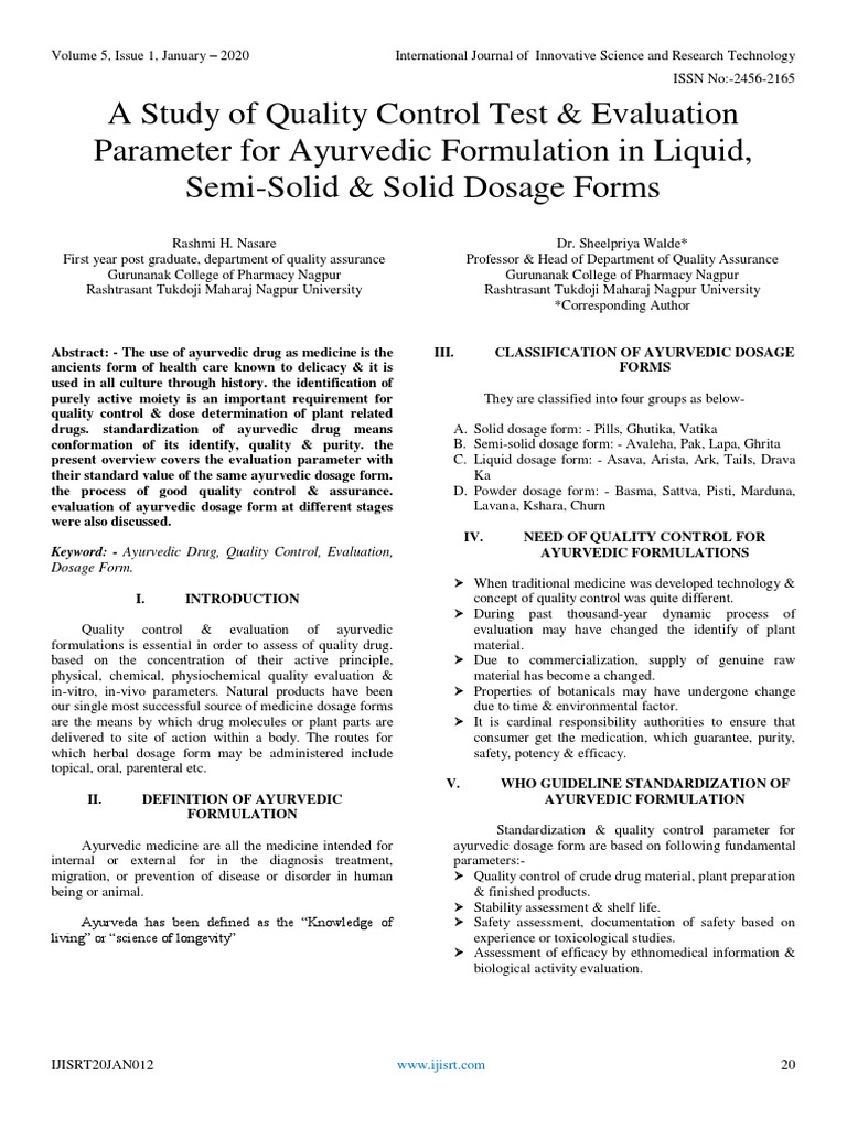 A Study of Quality Control Test & Evaluation Parameter For Ayurvedic ...