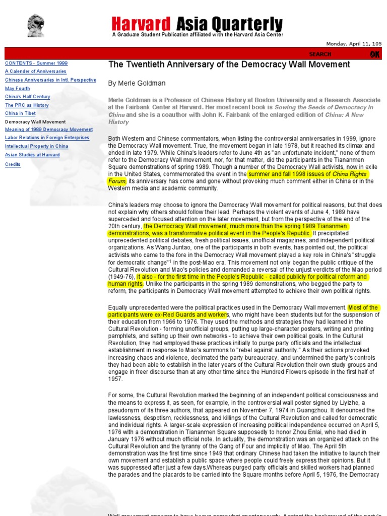 Goldman - The Democracy Wall Movement | PDF | Cultural Revolution ...