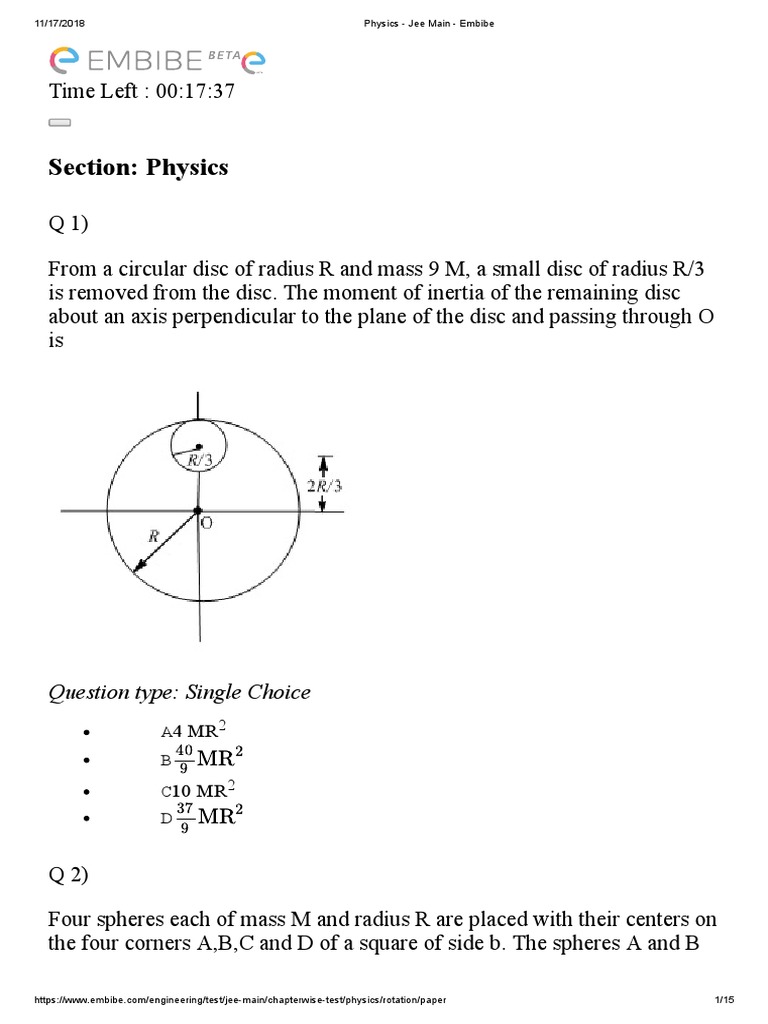 Physics - Jee Main - Embibe | PDF | Rotation Around A Fixed Axis | Torque