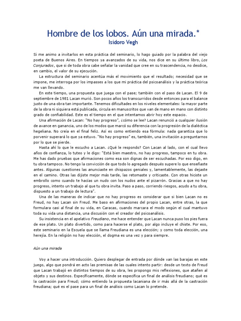 Hombre de Los Lobos. Isidoro Vegh | PDF | Jacques Lacan | Sigmund Freud