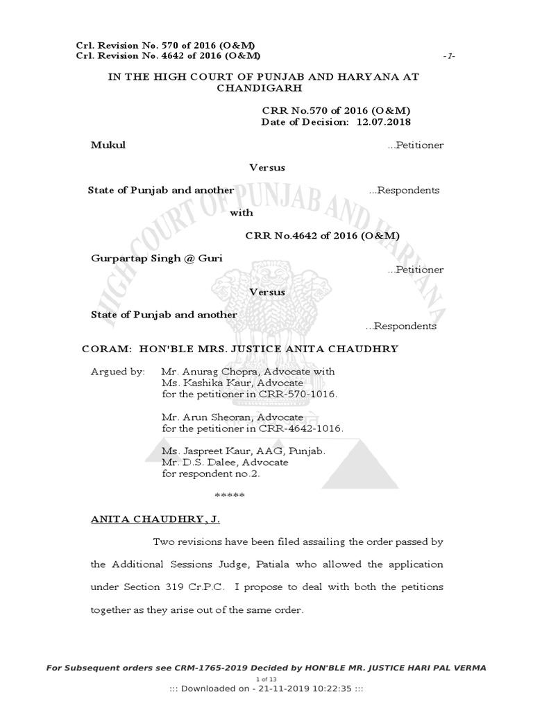Crl. Revision Nos. 570 and 4642 of 2016 (O&M) - Order on Section 319 CrPC Application | PDF ...