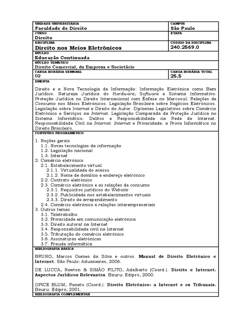 Ementa USP - Direito Nos Meios Eletrônicos | PDF | Internet | E-commerce