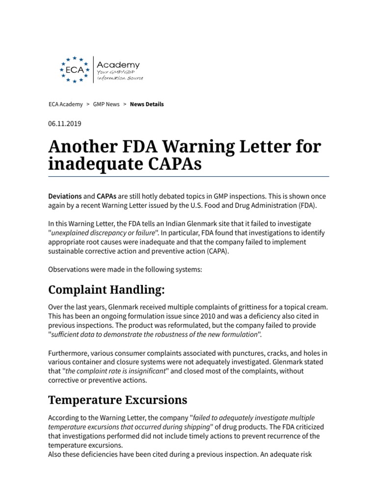 Another FDA Warning Letter For Inadequate CAPAs - ECA Academy | PDF ...