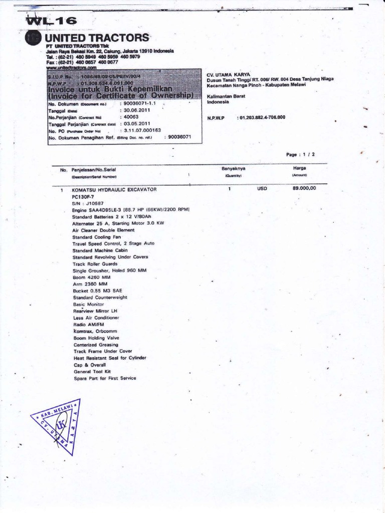 Invoice Excavator SN J10587 | PDF