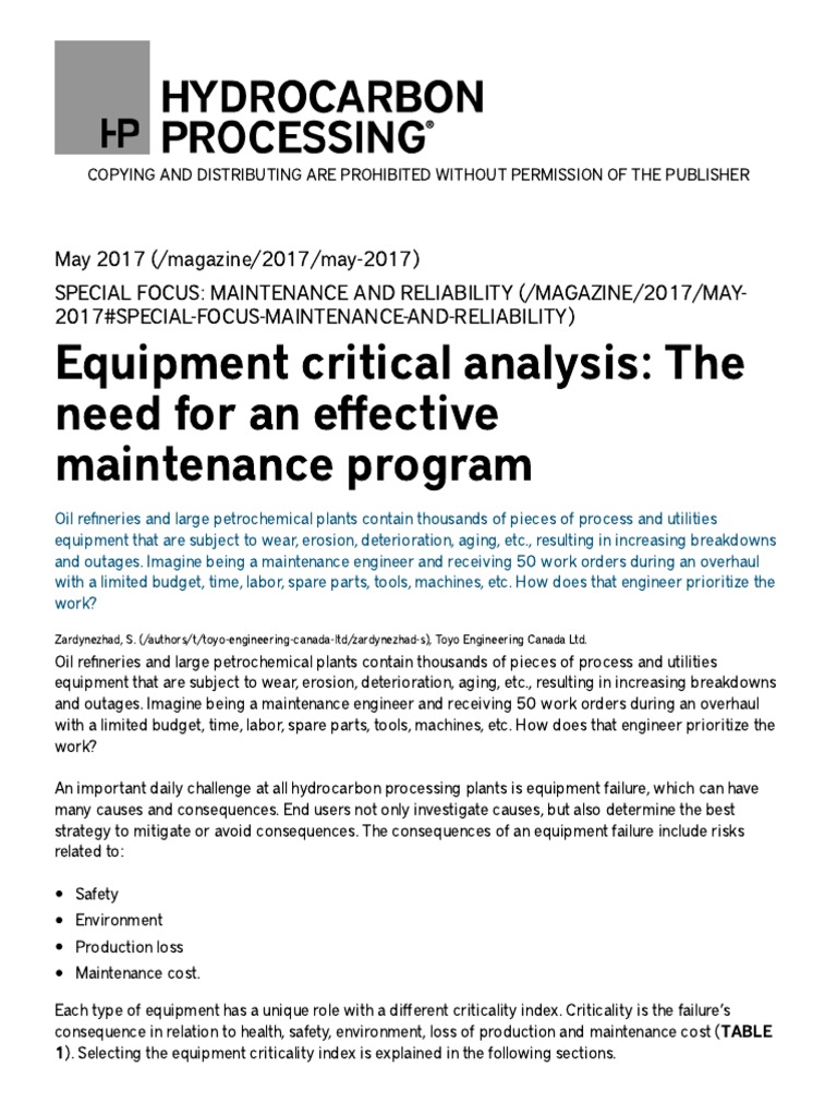 Equipment Criticality Analysis for Maintenance | PDF | Reliability ...