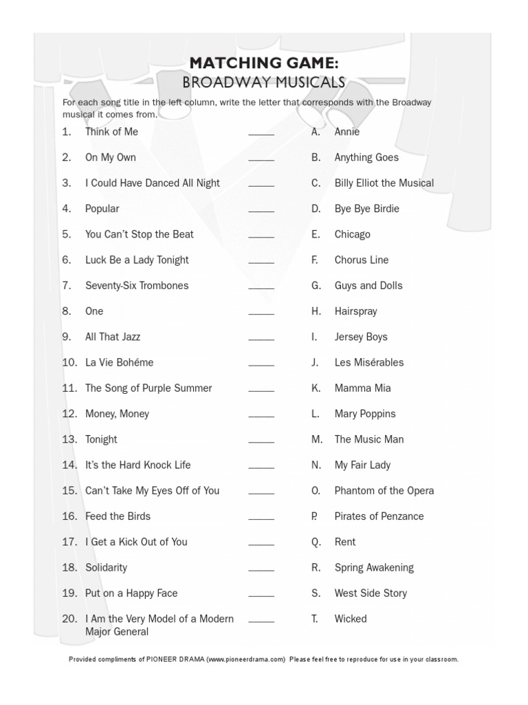 Broadway Musicals Matching Game | PDF | Musical Theatre | Performing Arts