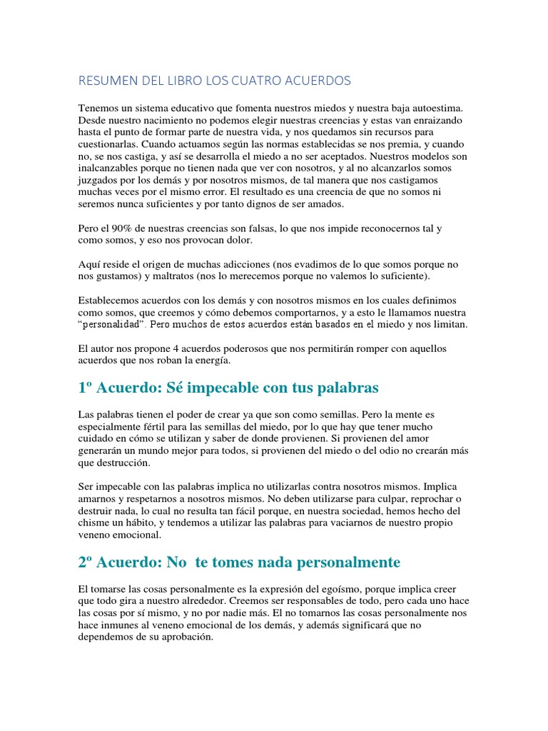 Resumen Del Libro Los Cuatro Acuerdos | PDF | Temor | Amor