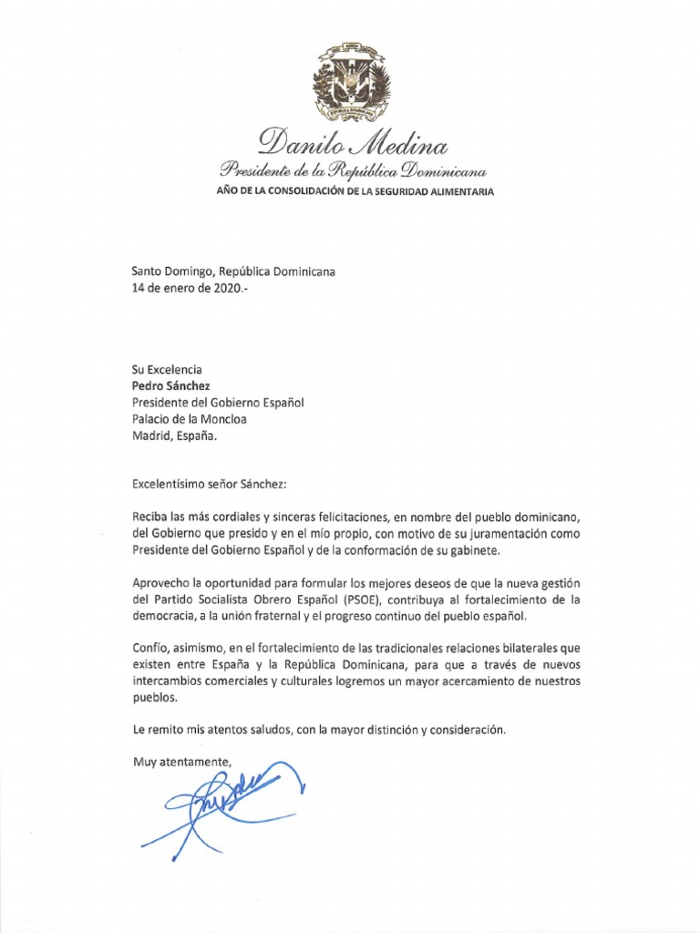 Carta de felicitación del presidente Danilo Medina a Pedro Sánchez con ...