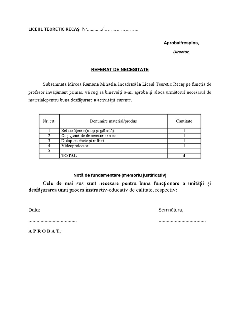Model Referat de Necesitate Scoala | PDF