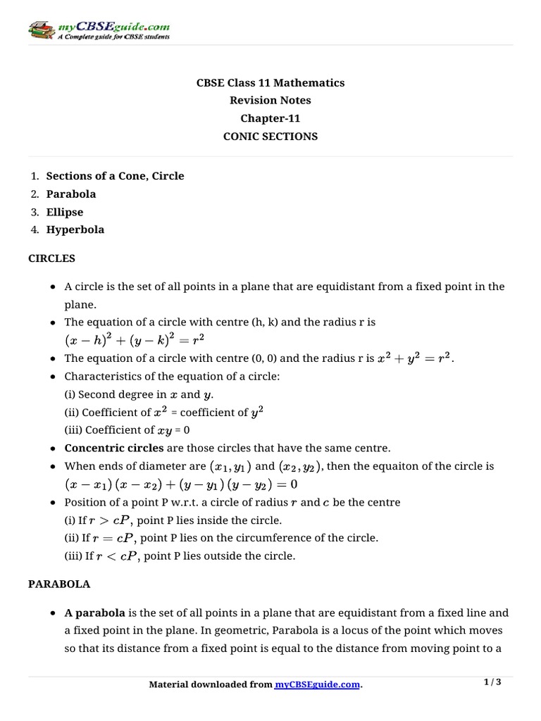 Class 11 Conic Sections Notes | PDF | Ellipse | Perpendicular