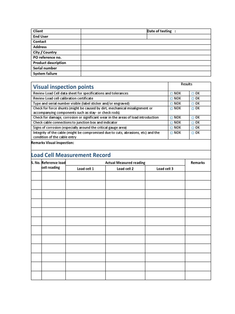 Load Cell Inspection Report Detailing Visual Inspection, Measurement ...