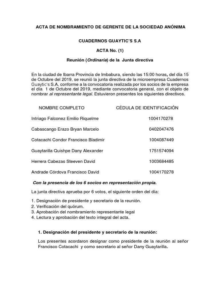 Acta de Nombramiento de Gerente en La Sociedad Anonima | PDF | Gobierno