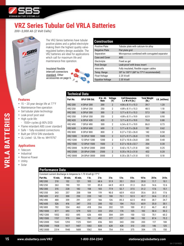 SBSBattery VRLA Tubular Gel VRZ Series PDF | PDF | Galvanic Cells ...