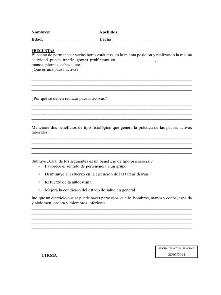 Evaluacion Pausas Activas | PDF | Relaciones personales, crianza y ...