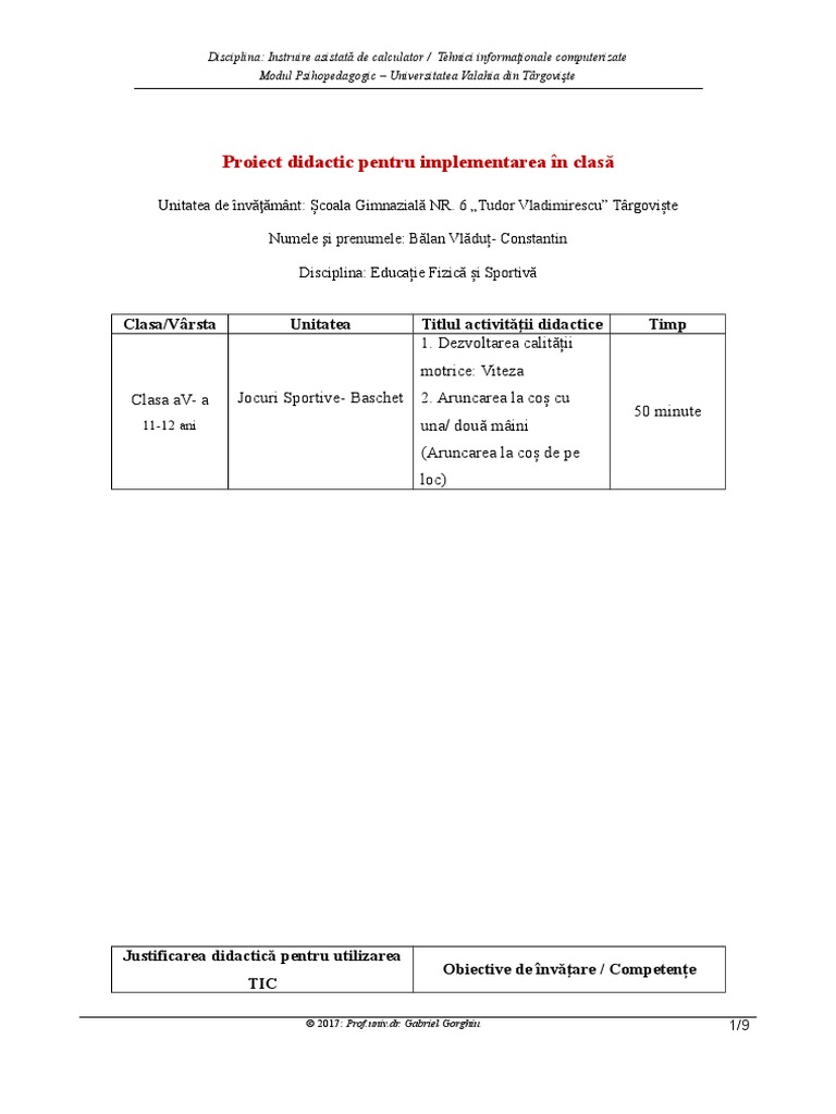 Instruire Asistata Pe Calculator Proiect Didactic Sport | PDF