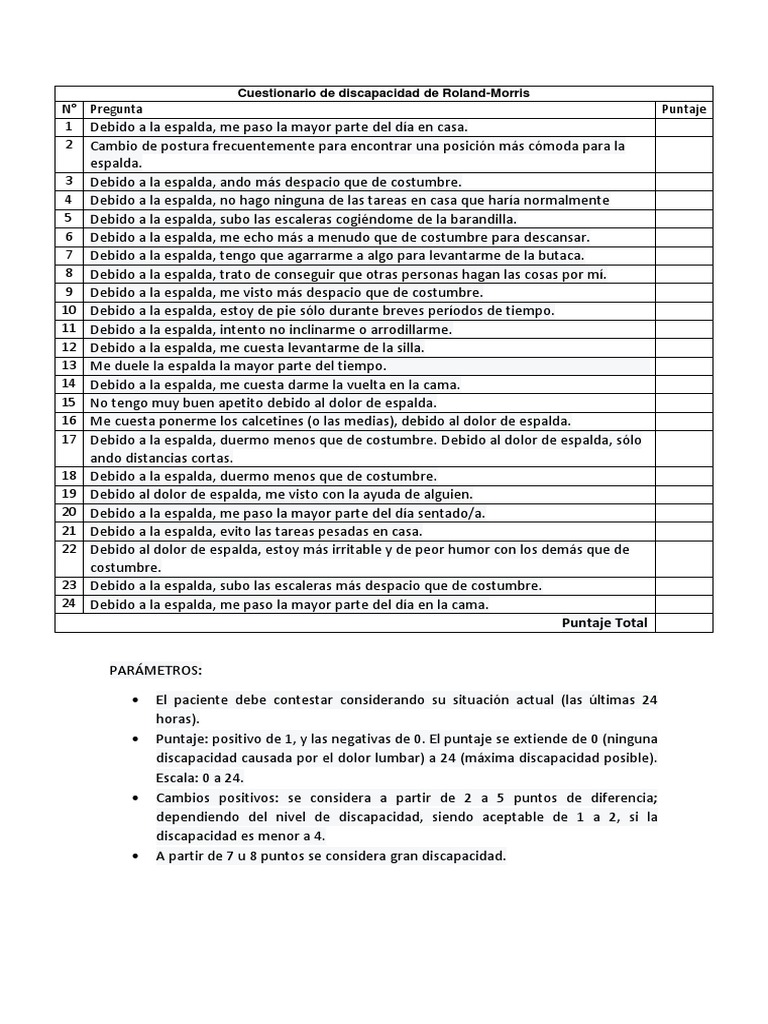Cuestionario de Discapacidad de Roland Morris LUMBALGIA | PDF | Dolor ...