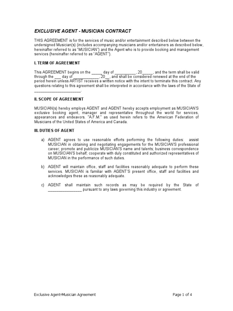 Music Booking Agent Contract PDF Template | Download Free PDF | Damages ...