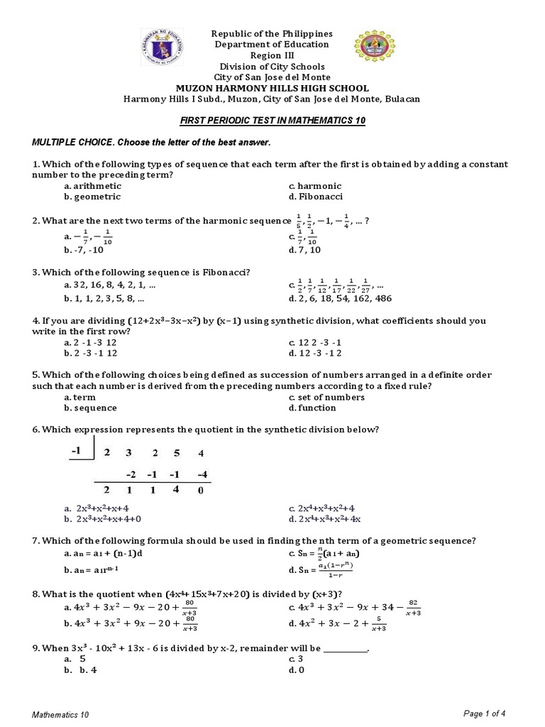 Grade 10 Math First Periodic Test Key | PDF | Division (Mathematics ...