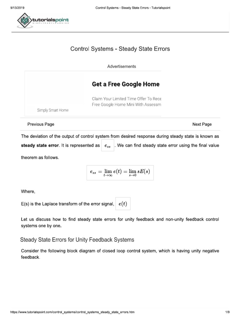Control Systems - Steady State Errors - Tutorialspoint PDF | PDF