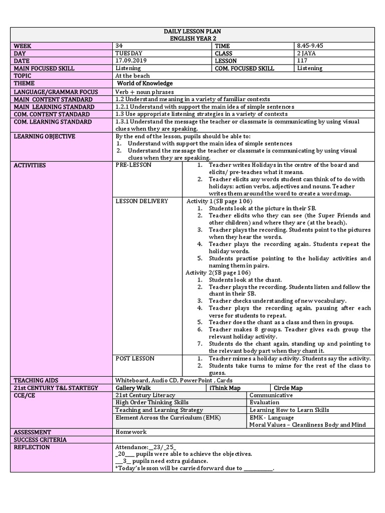 Class 2 Lesson Plan: At the Beach | PDF | Lesson Plan | Teachers