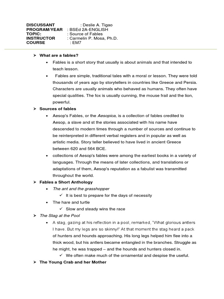 Handout of Em7 | PDF | Aesop's Fables | Fable