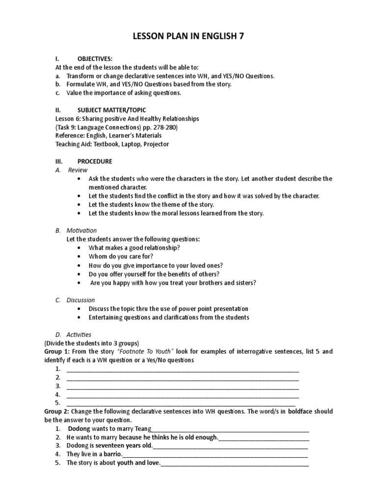 Lesson Plan in English 7 | PDF | Question | Lesson Plan