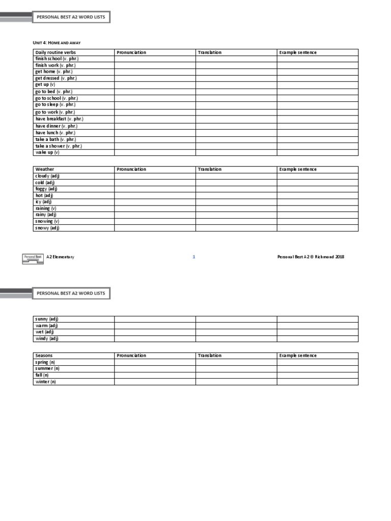 PB AmE A2 Word List U4 | PDF