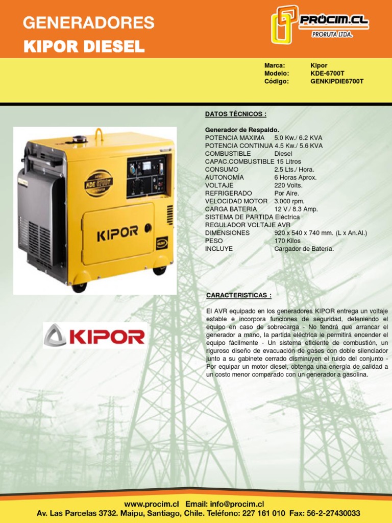 Generador Electrico Kipor Kde-6700t 5000 Watts 220 V-0 | PDF
