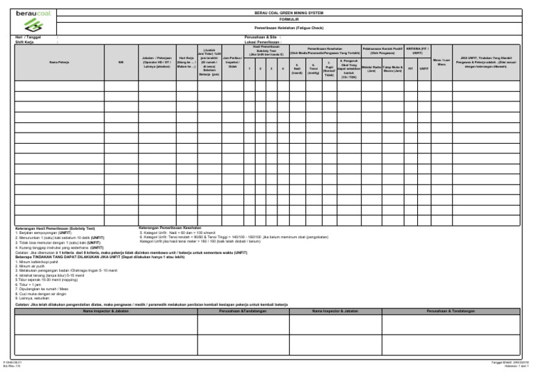 Formulir Pemeriksaan Kelelahan (Fatigue Check) | PDF