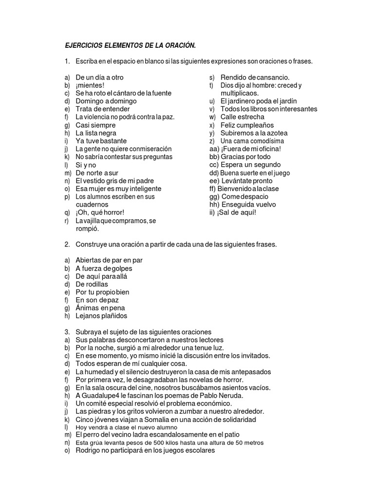 Ejercicios Elementos de La Oracin | PDF | Verbo | Predicado (Gramática)