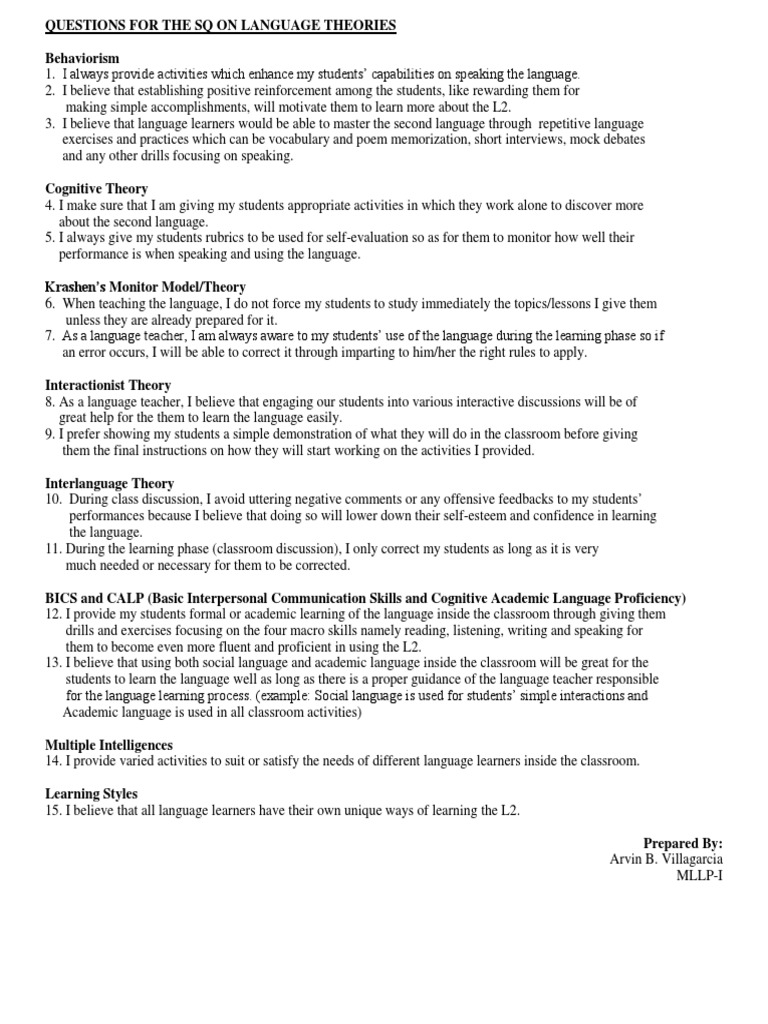 Survey Questionnaire On Theories of Language and Language Learning ...