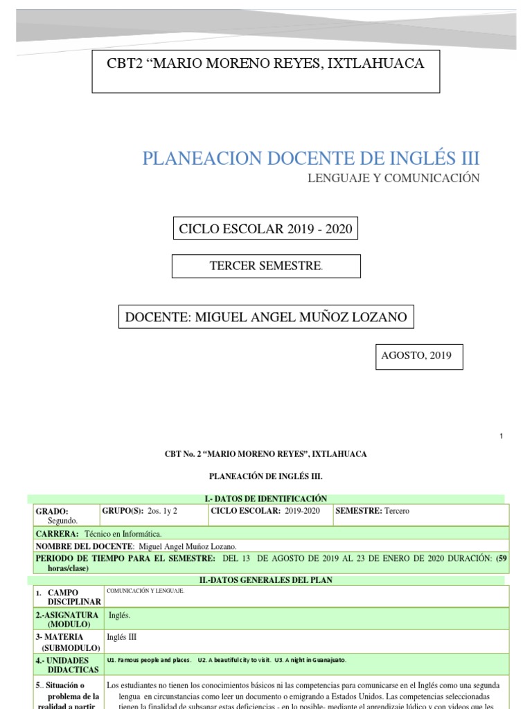 Planeacion - Ingles Iii - 2019 - Nme | PDF | Comprensión lectora ...