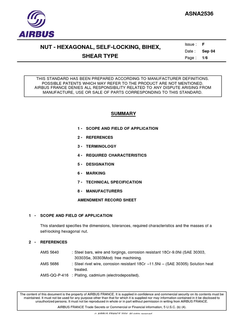 ASNA2536 Hexagonal Nut Specification | PDF | Screw | Metalworking