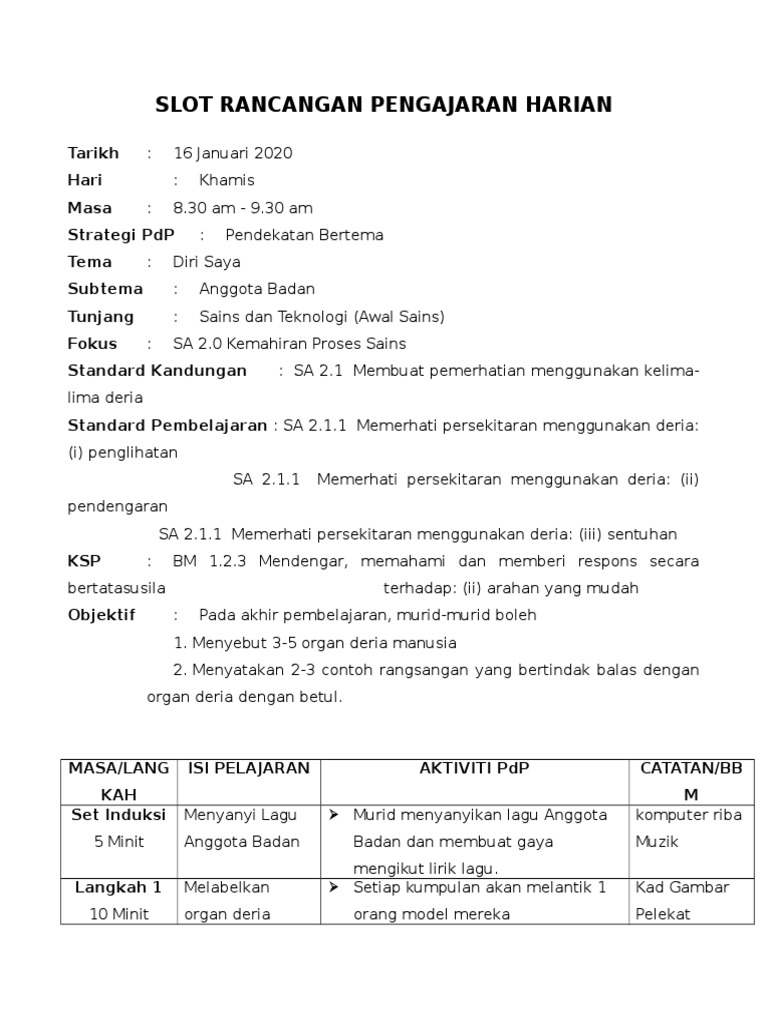 Slot Rancangan Pengajaran Harian | PDF