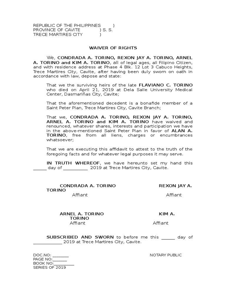 Waiver of Rights for Saint Peter Plan | PDF