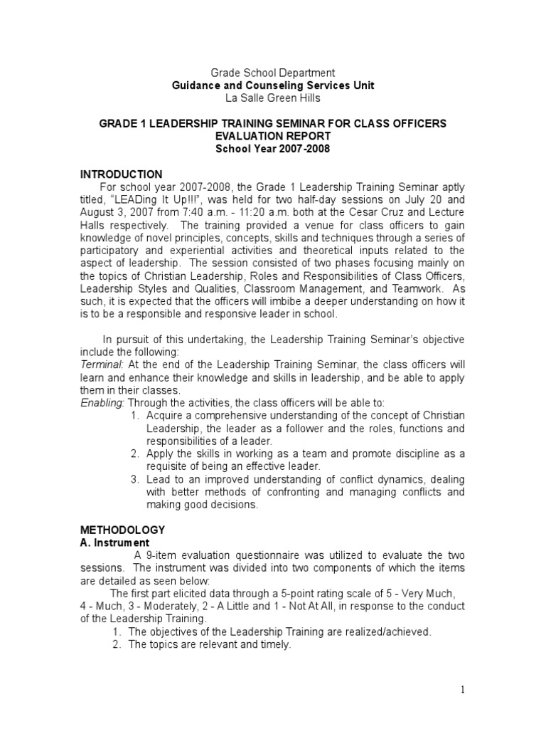 Gr. 1 Leadership Training Seminar Evaluation Report | PDF | Leadership ...