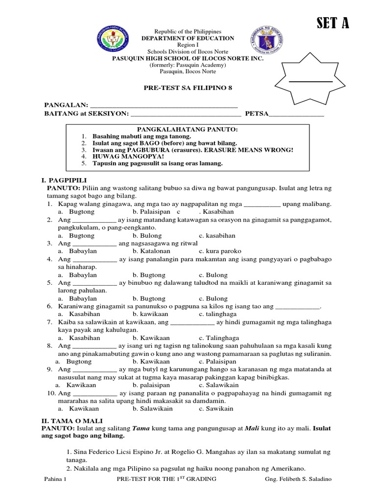 PRE-TEST GRADE 8 SET A