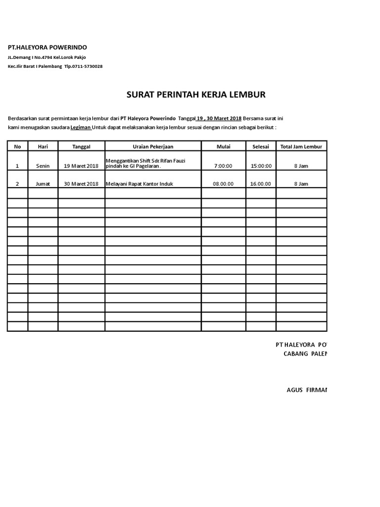 Contoh Format Surat Permintaan Lembur 2018-1 | PDF