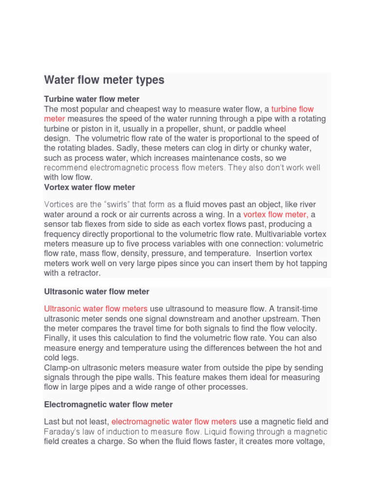 Water Flow Meter Types | PDF | Flow Measurement | Gases