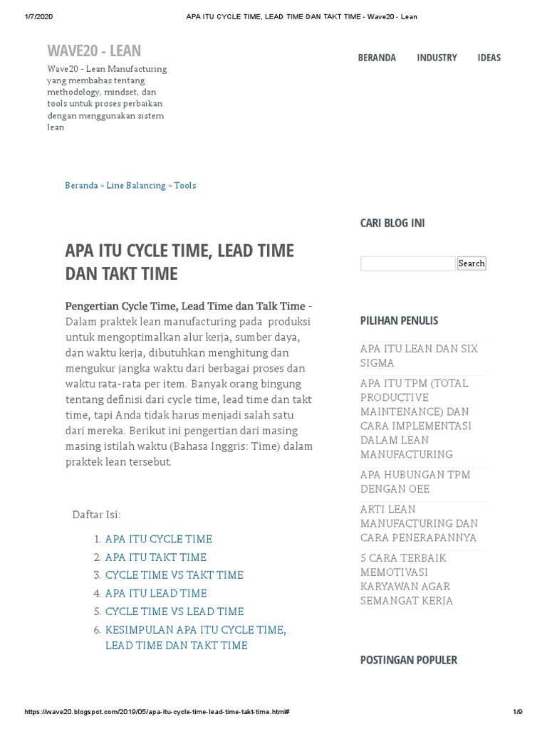 APA ITU CYCLE TIME, LEAD TIME DAN TAKT TIME - Wave20 - Lean | PDF