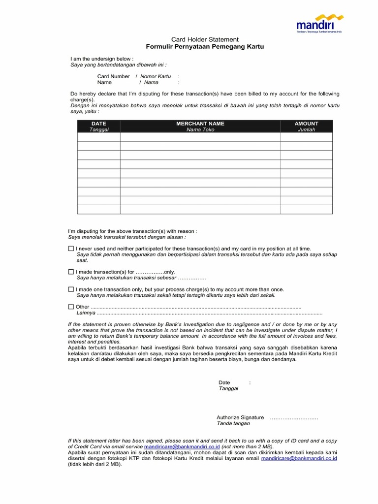 Formulir Sanggahan Transaksi BANK MANDIRI | PDF
