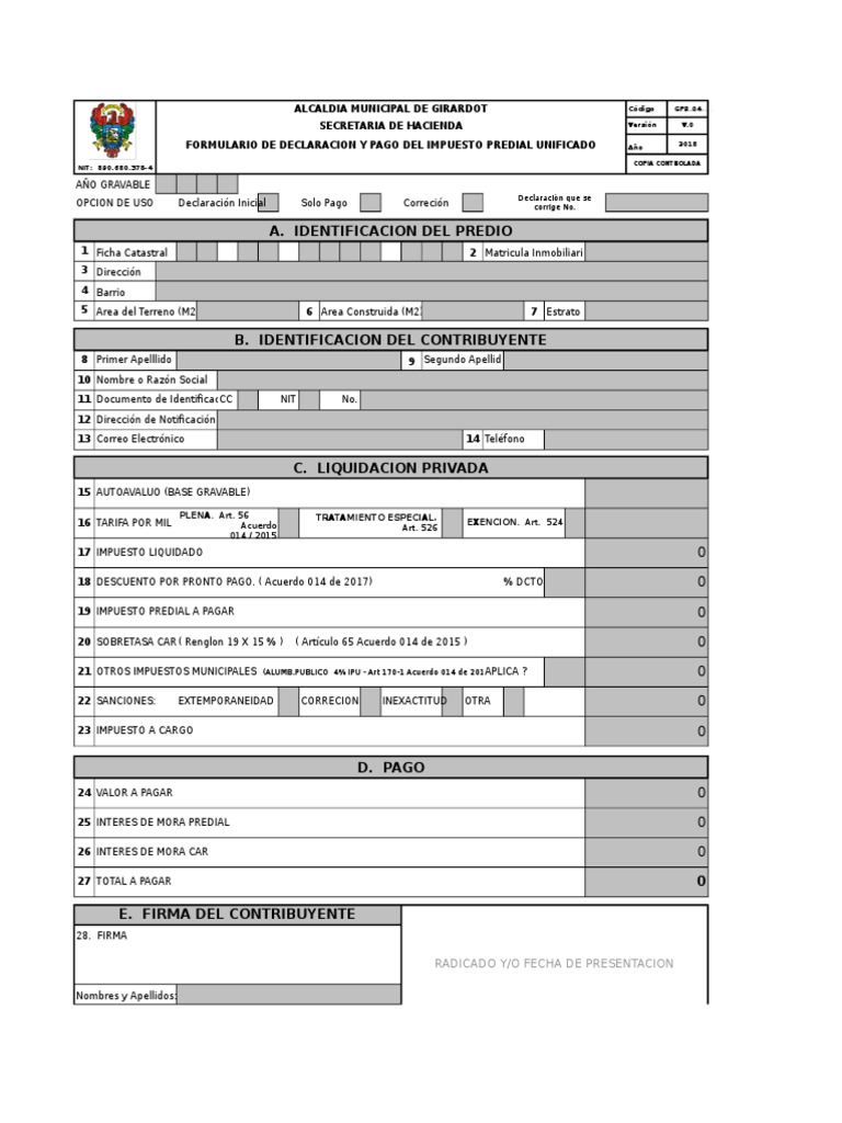 FORMULARIO IMPUESTO PREDIAL V4 (EXCEL).xls | Impuesto a la propiedad ...