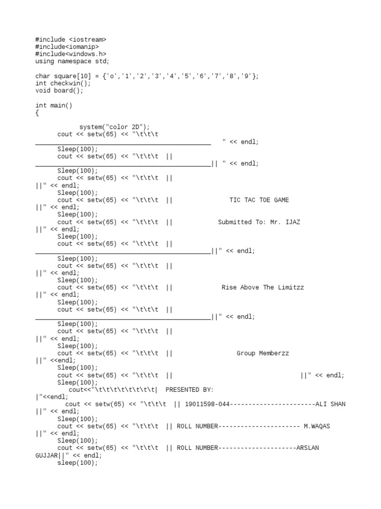 Tic Tac Toe Game (1) - Project | PDF | C++ | Computer Programming