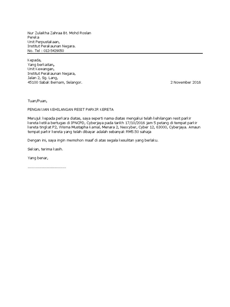 Surat Kehilangan Resit Parking | PDF